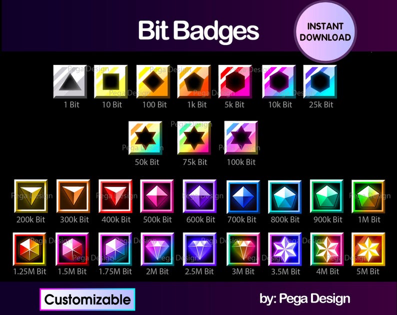 FULL SET Twitch Bit Badges | Twitch Sub Badges | Gem | Vtuber - Etsy