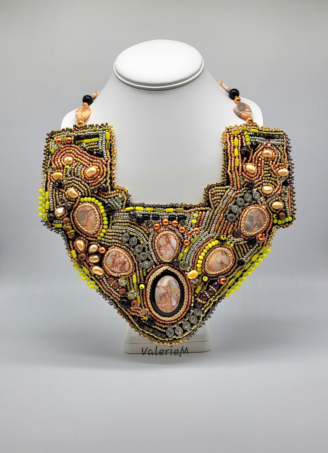 Handmade Stunning Redstone Jasper Beaded Embroidery Necklace, Runway ...