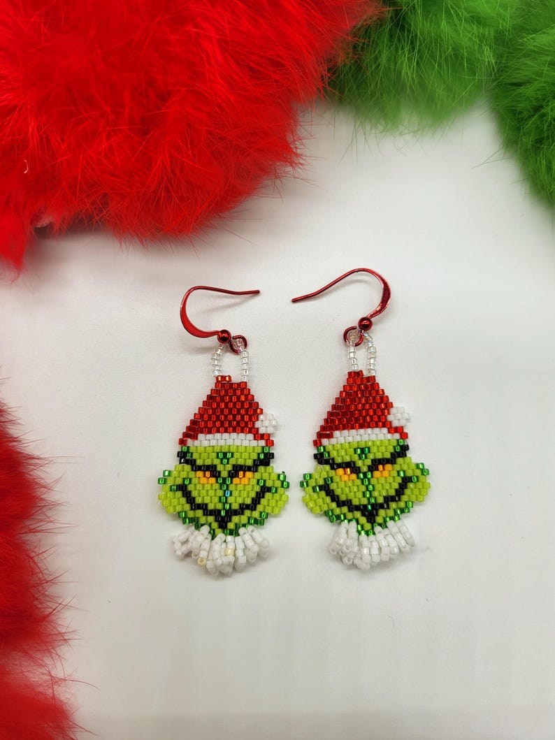 Cute Christmas Handmade Grinch Earrings, Peyote Earrings, Dangle ...