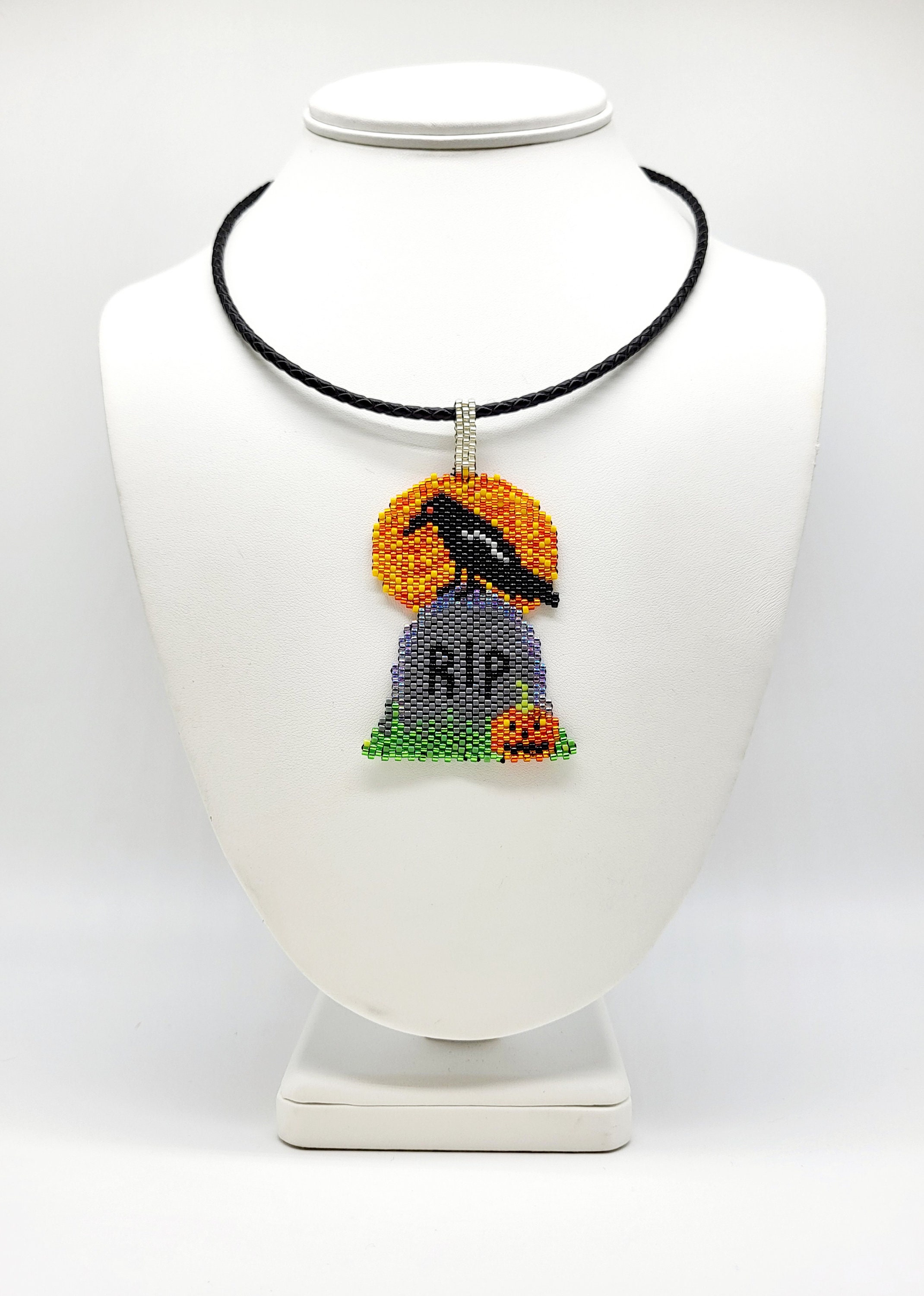 Scary & Cute "black Crow" Handwoven Necklace, Halloween Necklace, Peyote Necklace, RIP Graveyard ...