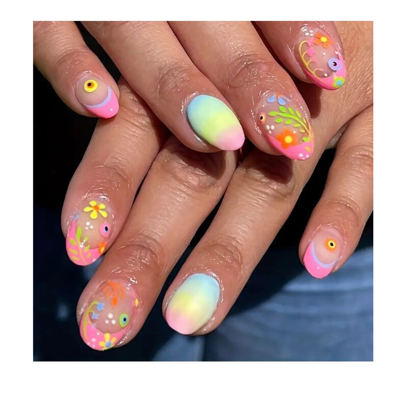 24 Pc Press on Nails/colorful Flowers/almond Design/nail Glue Stickers ...