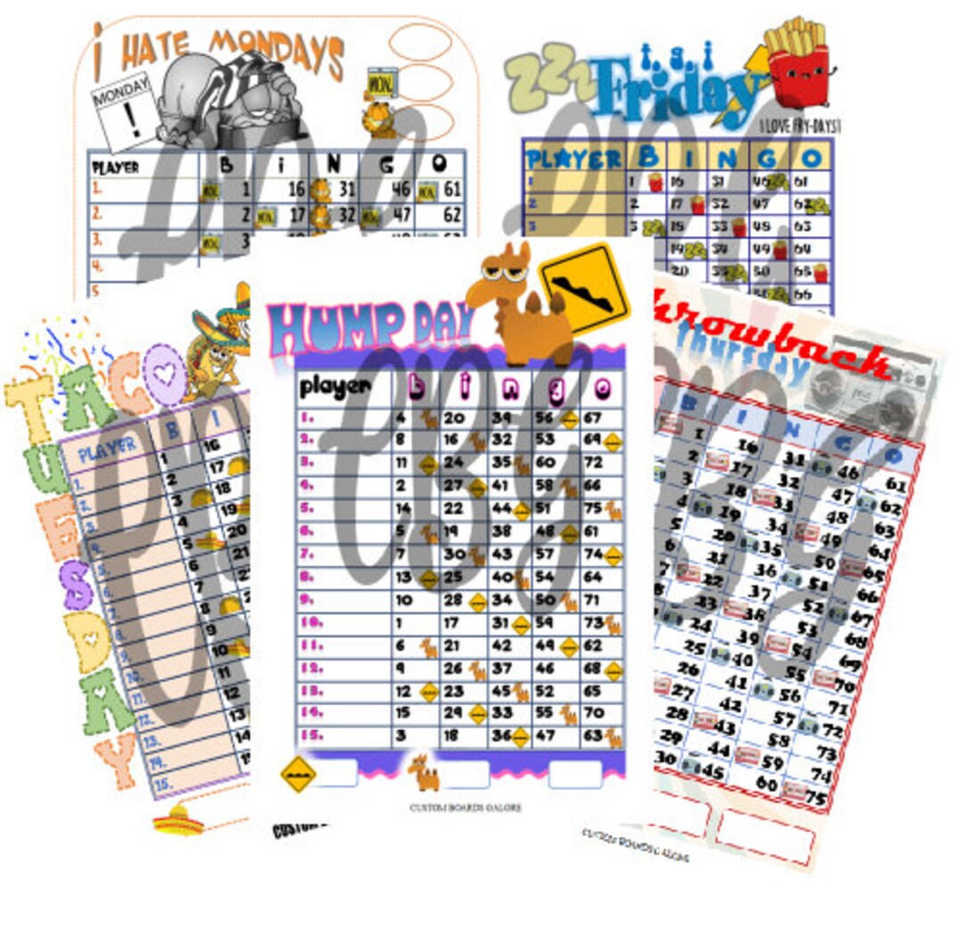 Weekdays Bundle: 5 Straight Bingo Boards - Etsy