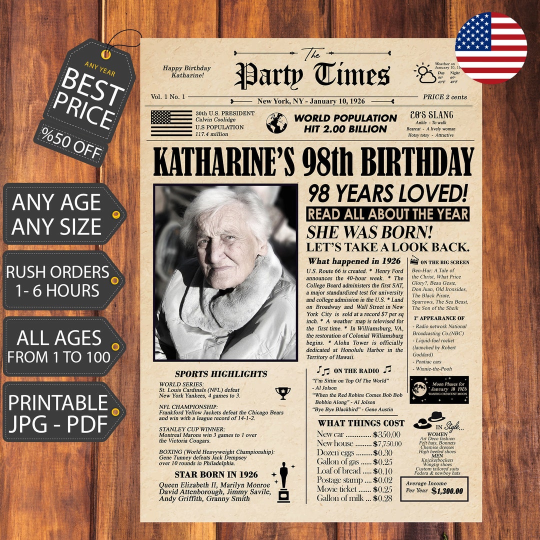 Personalized 98th Birthday, Printable Birthday Decors, 98th Birthday ...