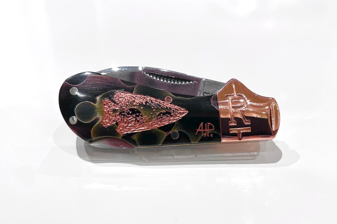 Hand Engraved Copper Scrimshaw cub Lockback Knife, Traditional ...
