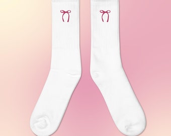 Embroidered Pink Bow Crew Socks, Coquette Crew Socks, Bow Crew Socks ...