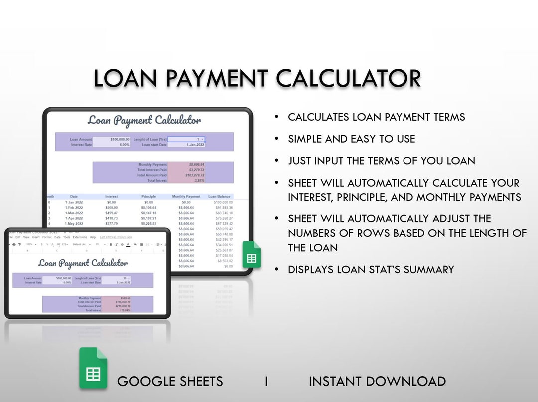 Simple Loan Payment Calculator I Google Sheets I Calculates Principle ...