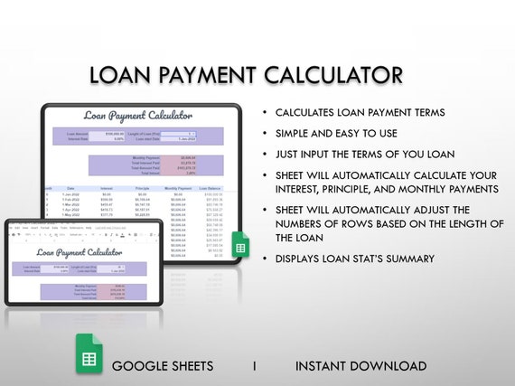 Simple Loan Payment Calculator I Google Sheets I Calculates Principle and Interest Payment I Mortgage and Car Loan Etsy