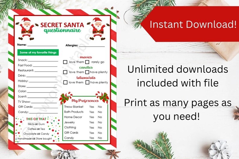 Secret Santa Gift Exchange Printable, Gift Questionnaire, Favorite ...