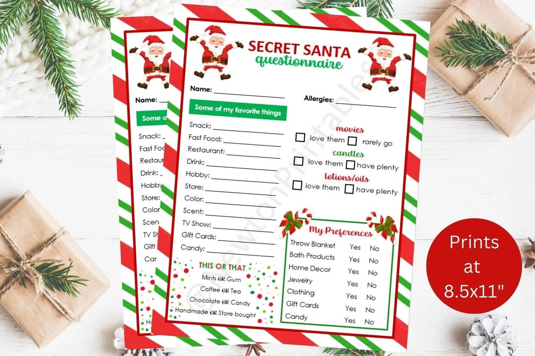 Secret Santa Gift Exchange Printable, Gift Questionnaire, Favorite ...