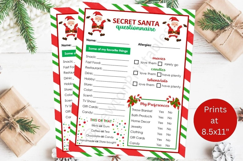 Secret Santa Gift Exchange Printable, Gift Questionnaire, Favorite ...