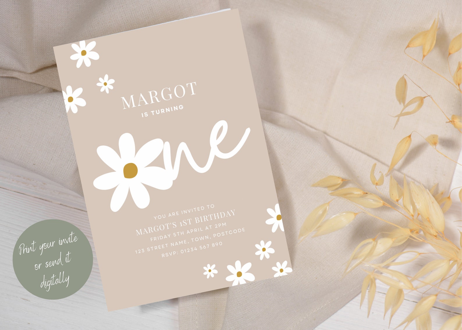 Daisy Delight First Birthday Invitation - Editable & Printable Neutral ...