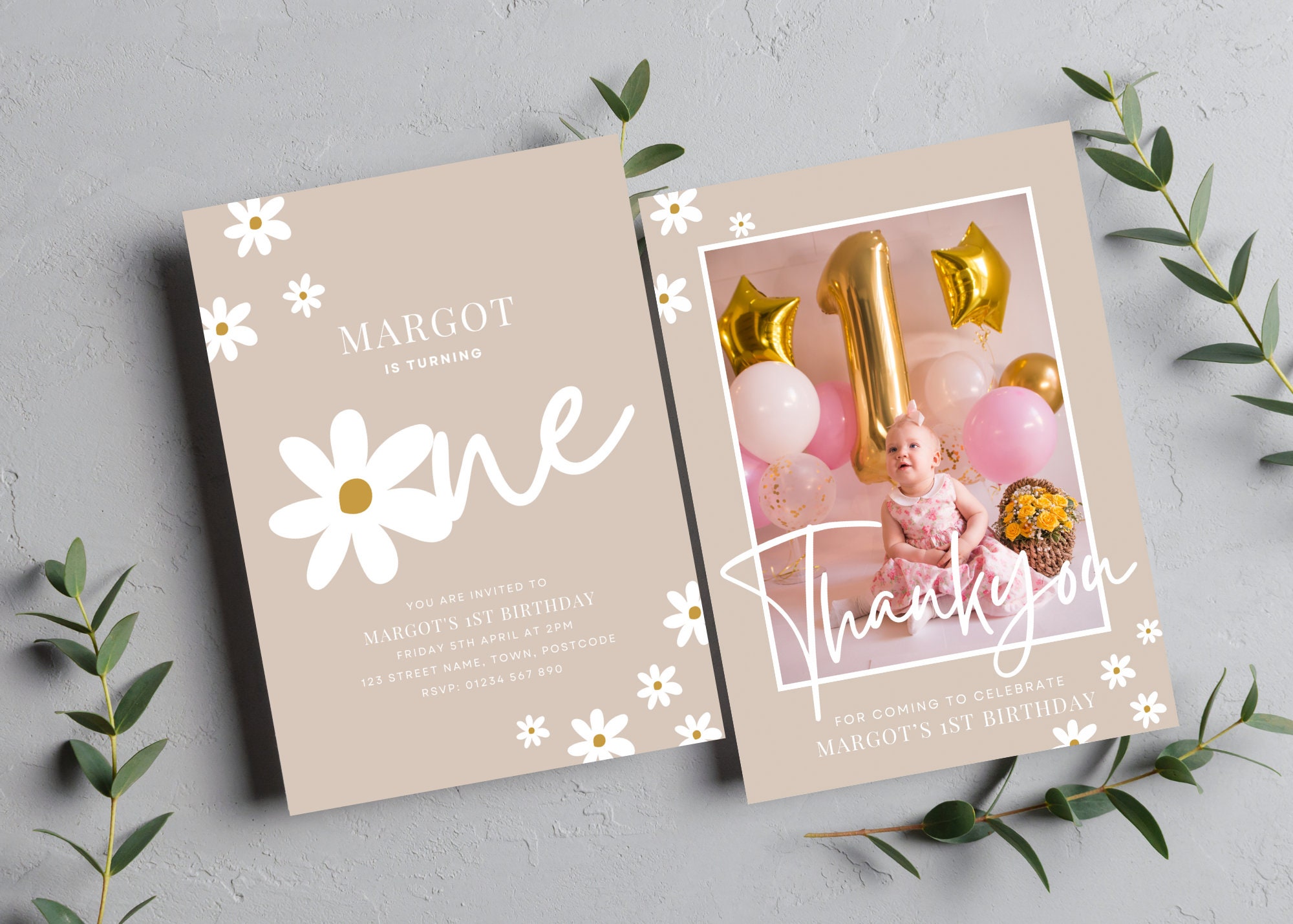 1st Birthday Invite and Thank You Card, Daisy 1st Birthday Invite ...