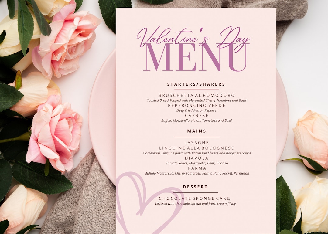 Valentine's Day Menu, Valentine's Menu Template, Printable Valentine's ...