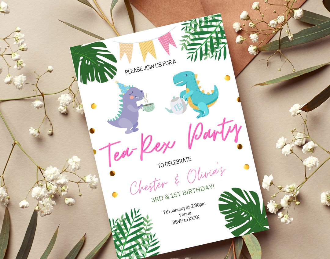 Tea Rex Birthday Party Invitation Digital, Tea Party Invite, Children's ...