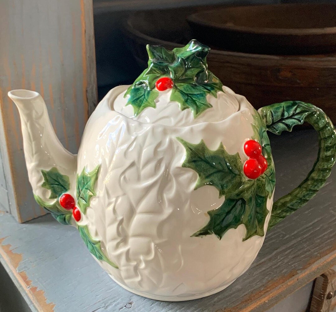 Lefton White Holly Berry Tea Pot - Etsy