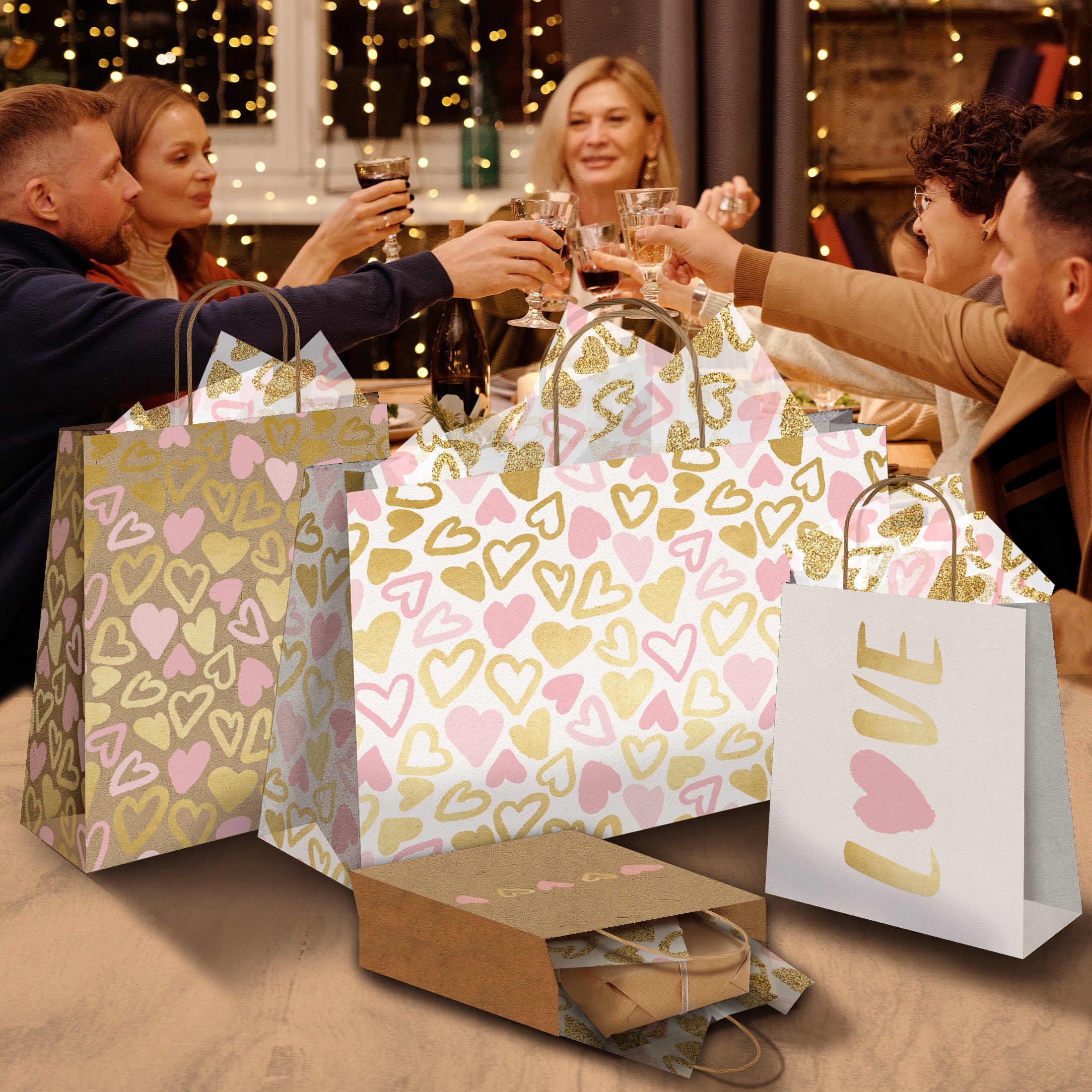 Pink and Gold Hearts Gift Bag Variety Pack - Etsy