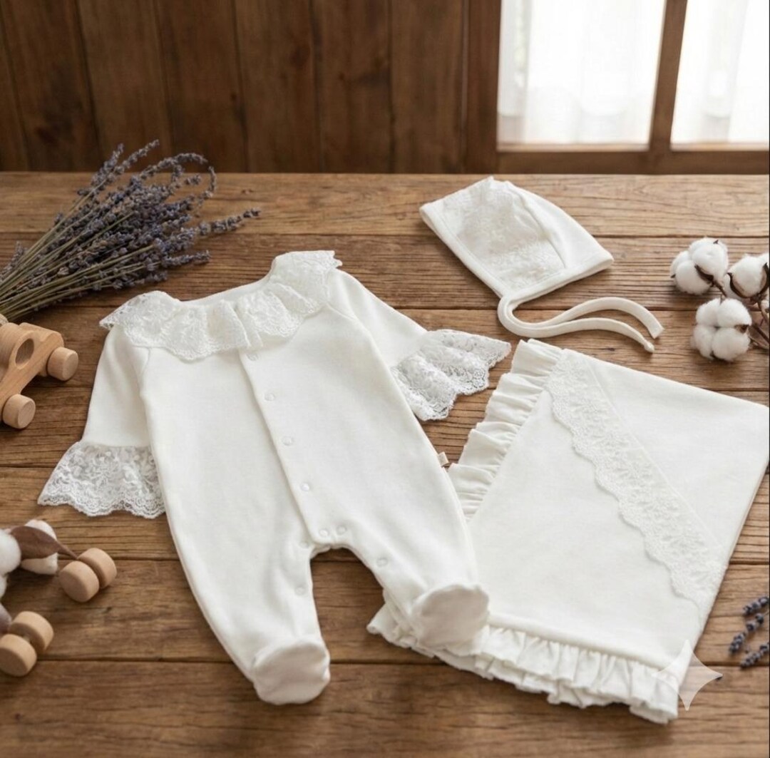 Lace Newborn Coming Home Outfit, Ruffled Baby Blanket and Bonnet Set ...