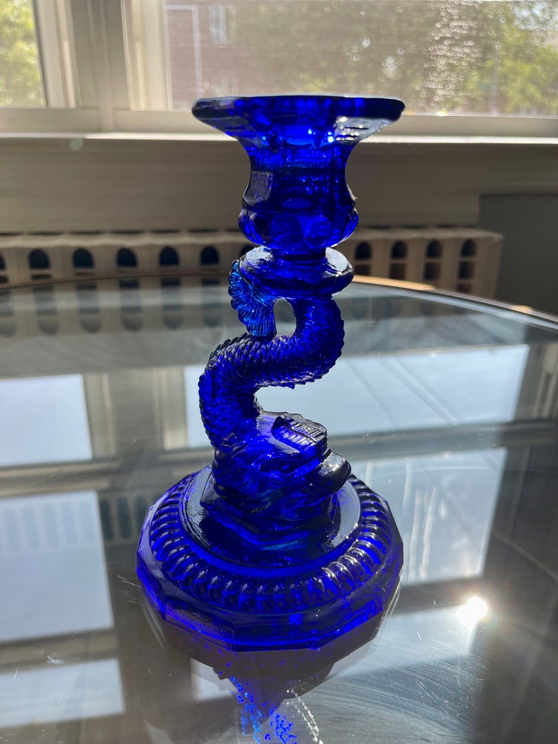 Vintage Cobalt Blue Pressed Glass Dolphin Candlestick Holder Depression ...