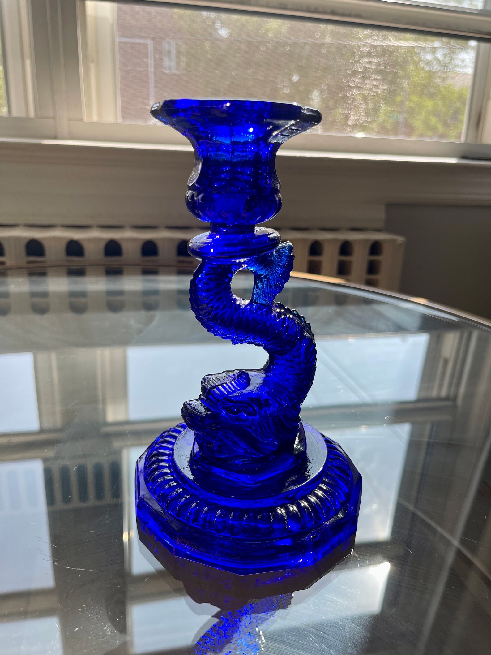 Vintage Cobalt Blue Pressed Glass Dolphin Candlestick Holder Depression ...