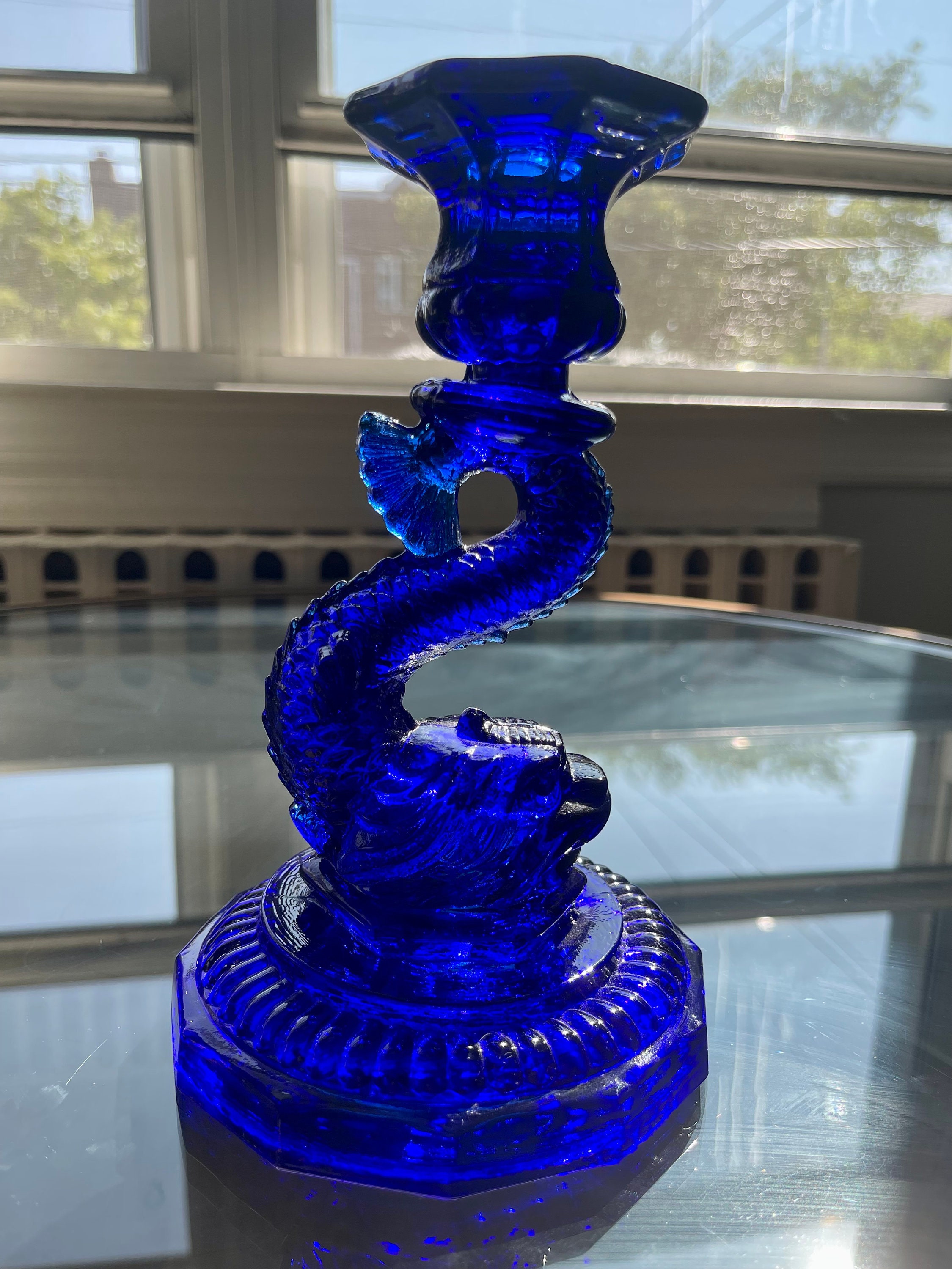 Vintage Cobalt Blue Pressed Glass Dolphin Candlestick Holder Depression ...
