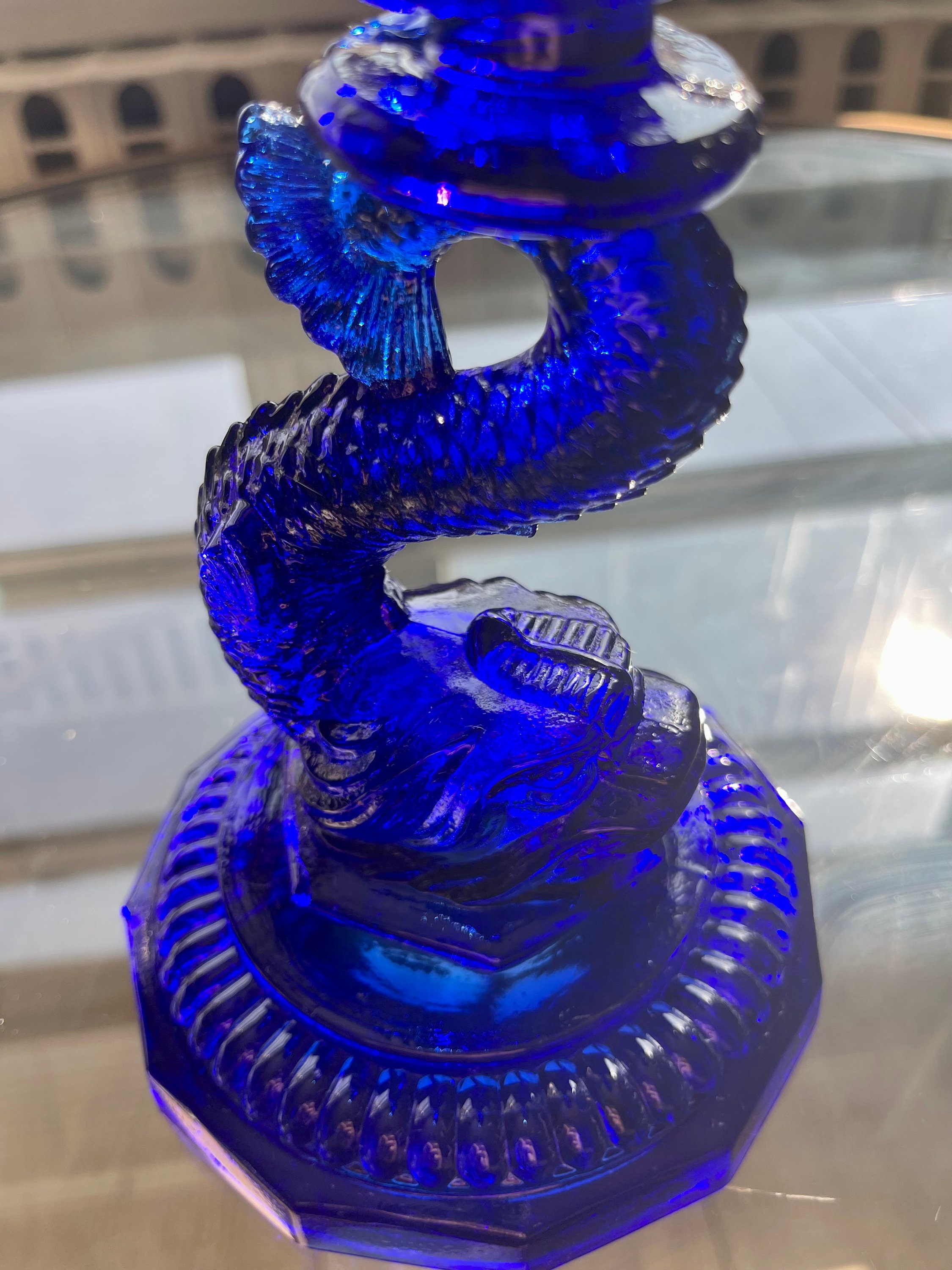 Vintage Cobalt Blue Pressed Glass Dolphin Candlestick Holder Depression ...