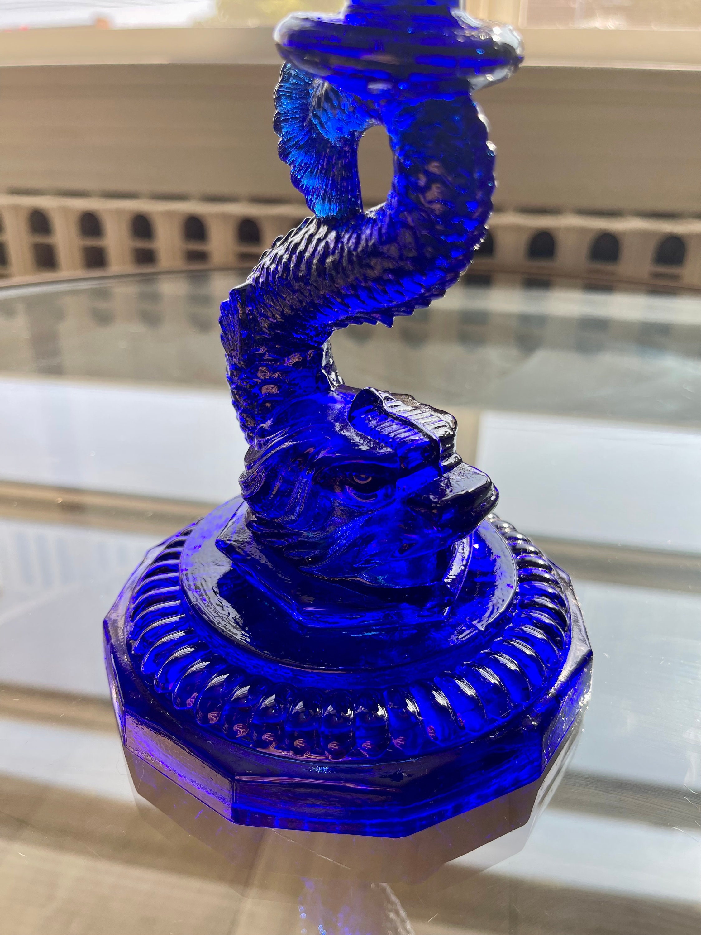 Vintage Cobalt Blue Pressed Glass Dolphin Candlestick Holder Depression ...