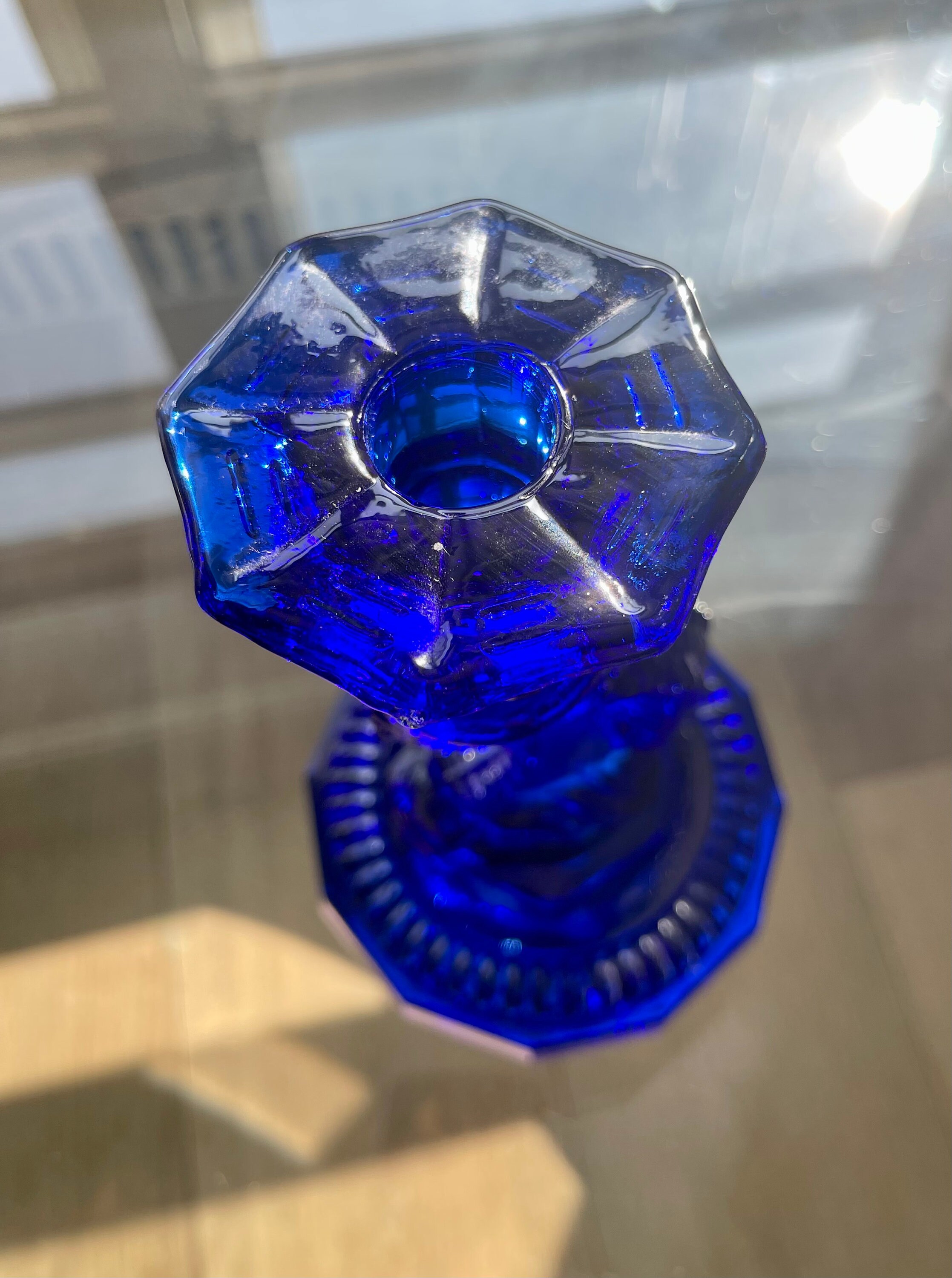 Vintage Cobalt Blue Pressed Glass Dolphin Candlestick Holder Depression ...