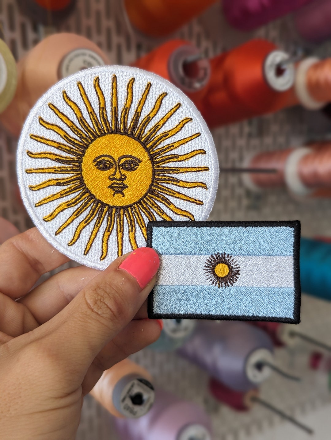 Embroidered Patch flag of Argentina and Argentine Sun. to Sew or Iron. 6cm X 4cm/ 8cm. Own ...