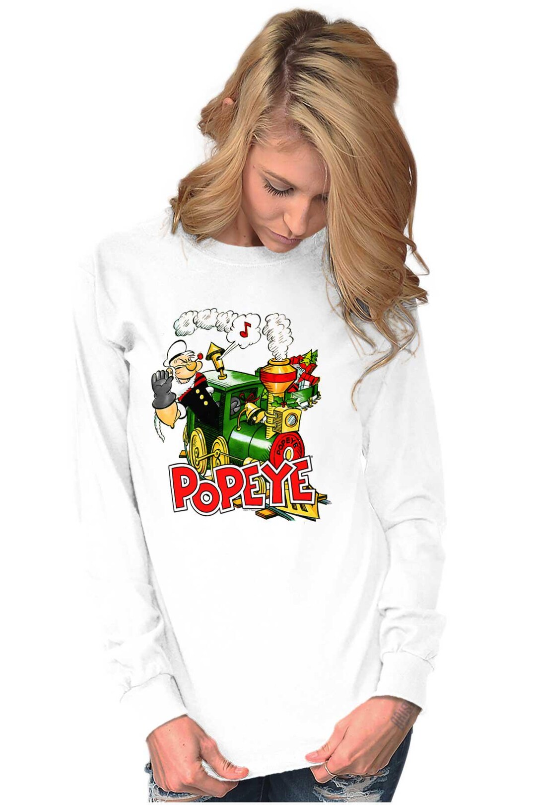 Popeye the Sailor Man Vintage Train Cartoon Long Sleeve Tshirt for Men ...