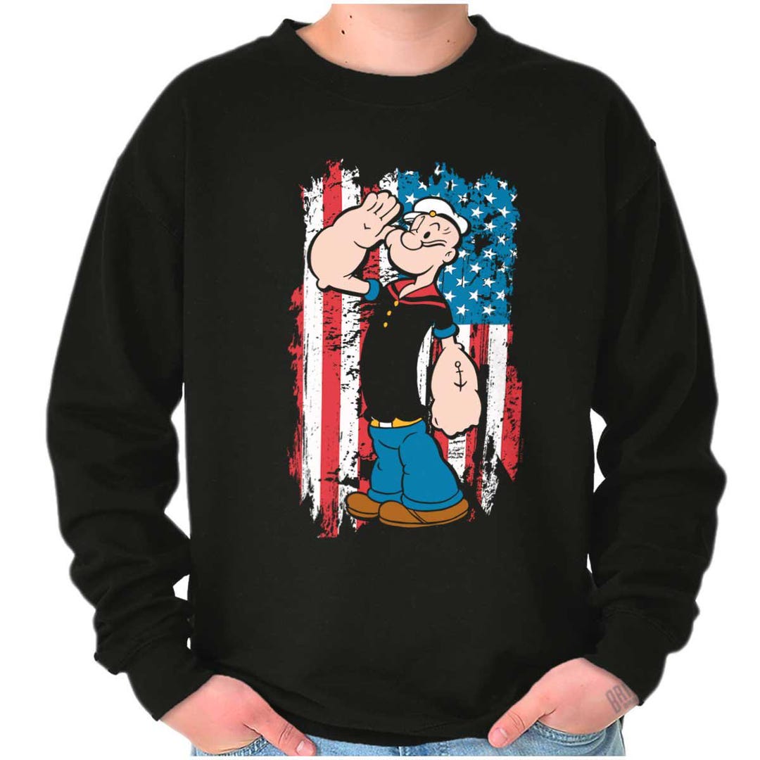 Popeye the Sailor Man Salute American Flag Womens or Mens Crewneck ...