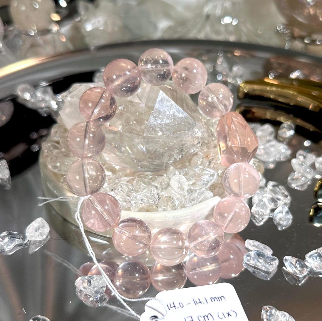 14mm Natural Snow Flakes Phantom Rose Quartz Beaded Bracelet 14 ...