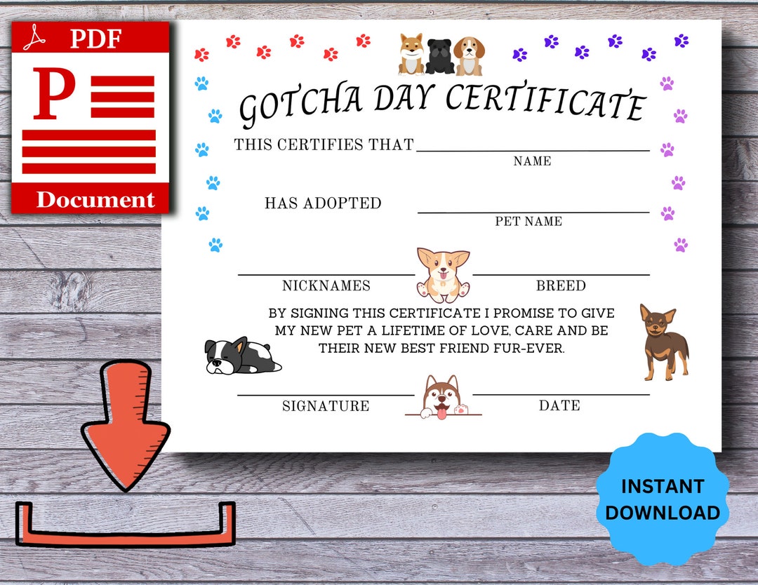 Gotcha Day Certificate, Pet Adoption Certificate, Puppy Adoption, Dog ...