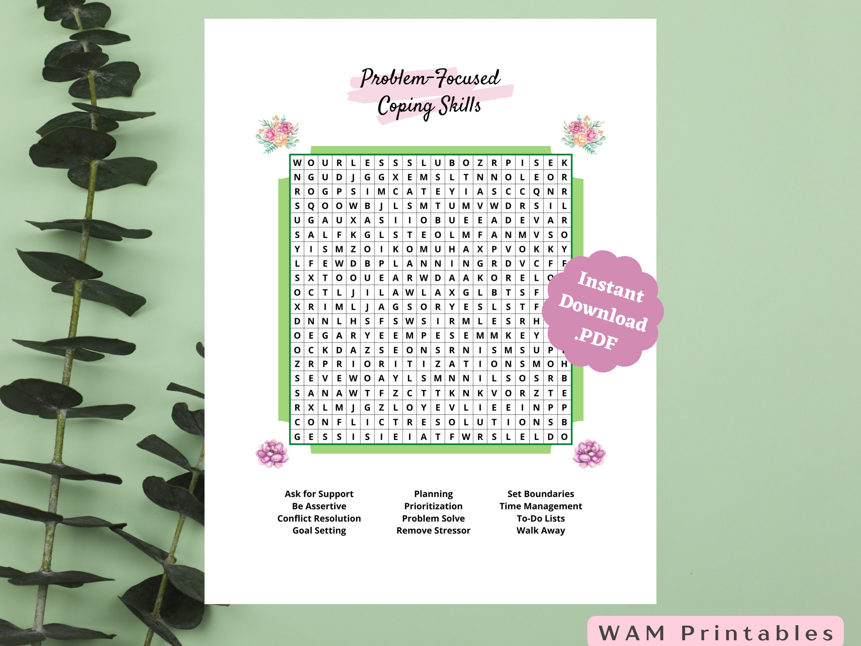 Problem-focused Coping Skills Word Search, Mental Health Word Search ...