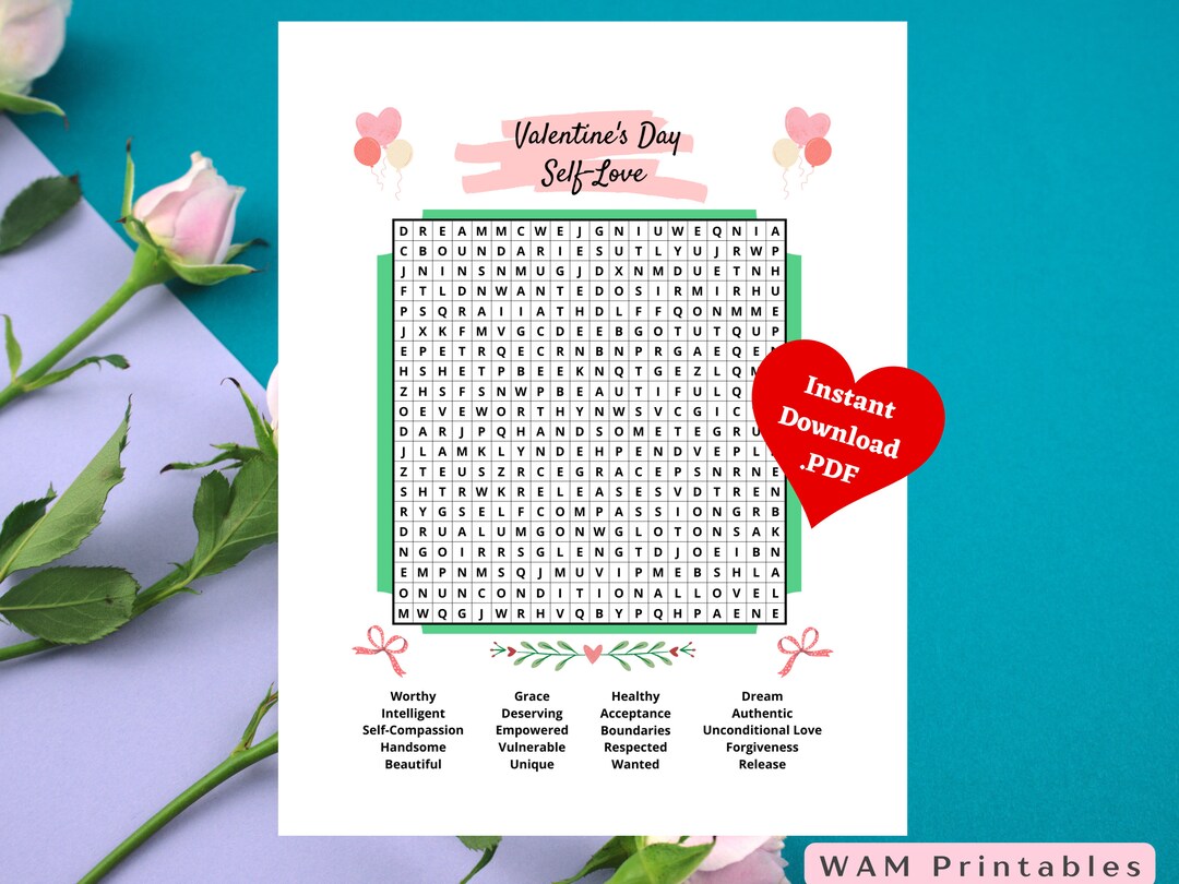 Valentine's Day Self-love Word Search, Holiday Word Search, Family ...