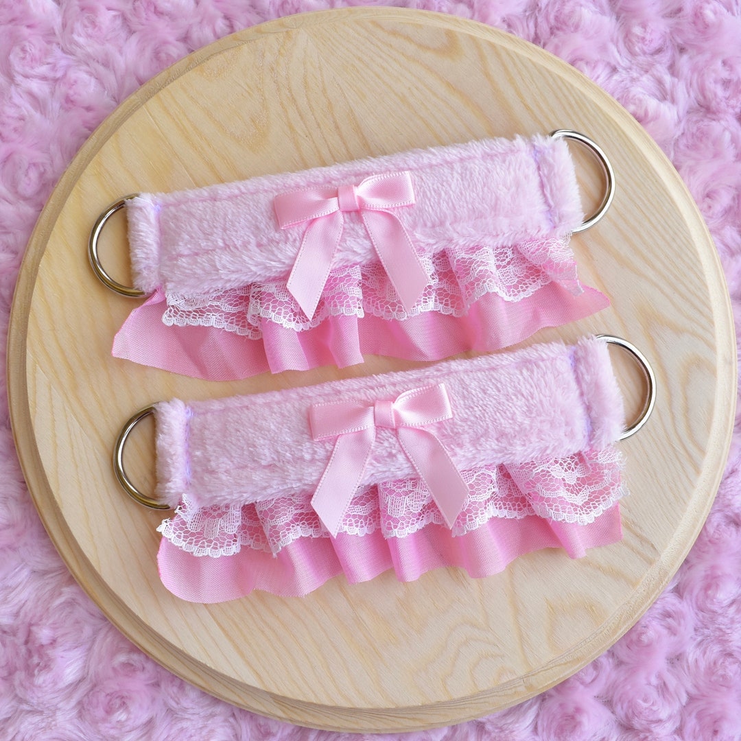 Pink Fluffy Cuff Set - Petplay Kitten Cute Lace Adult Adjustable ...