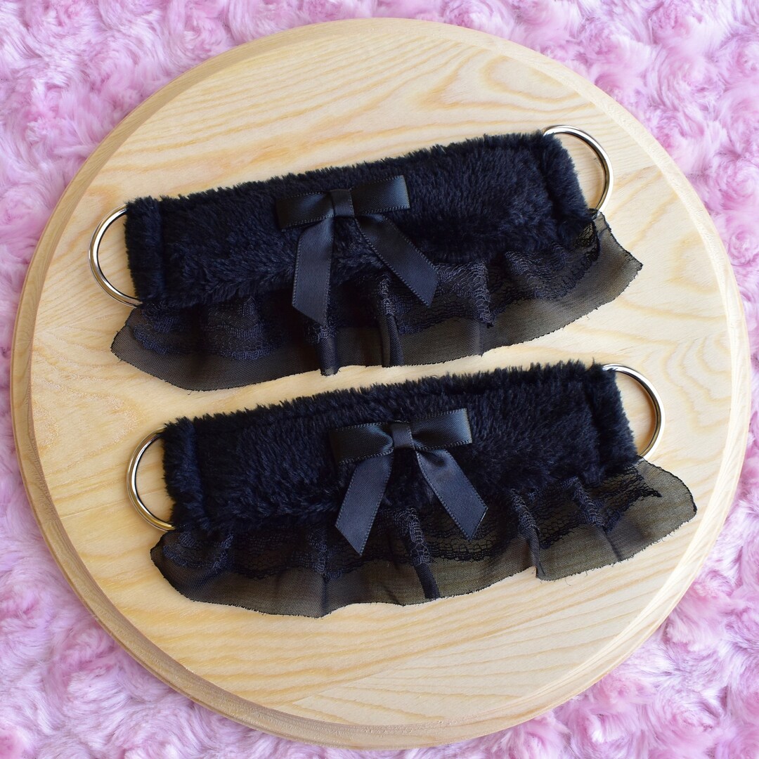 Black Fluffy Cuff Set - Petplay Kitten Cute Lace Adult Adjustable ...