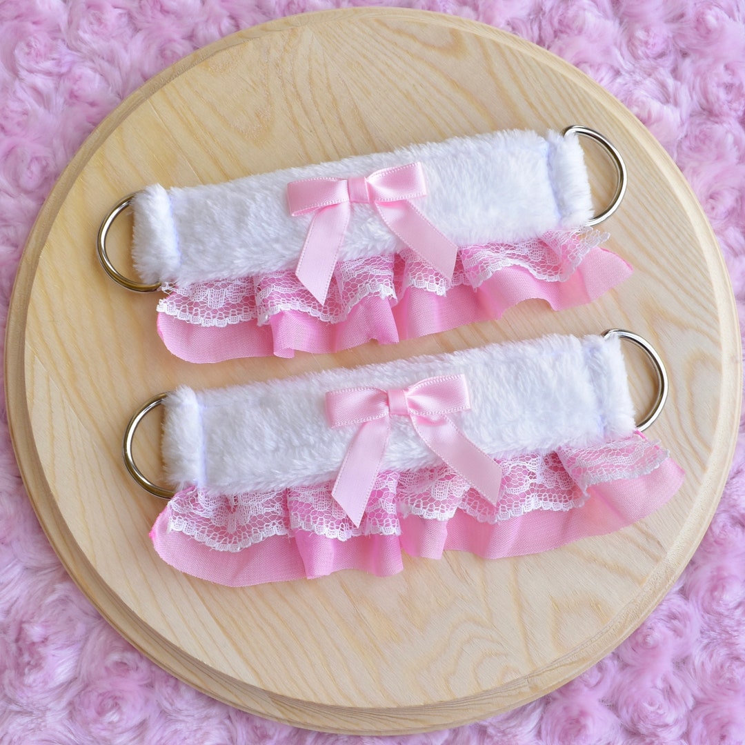 White & Pink Fluffy Cuff Set - Petplay Kitten Cute Lace Adult ...