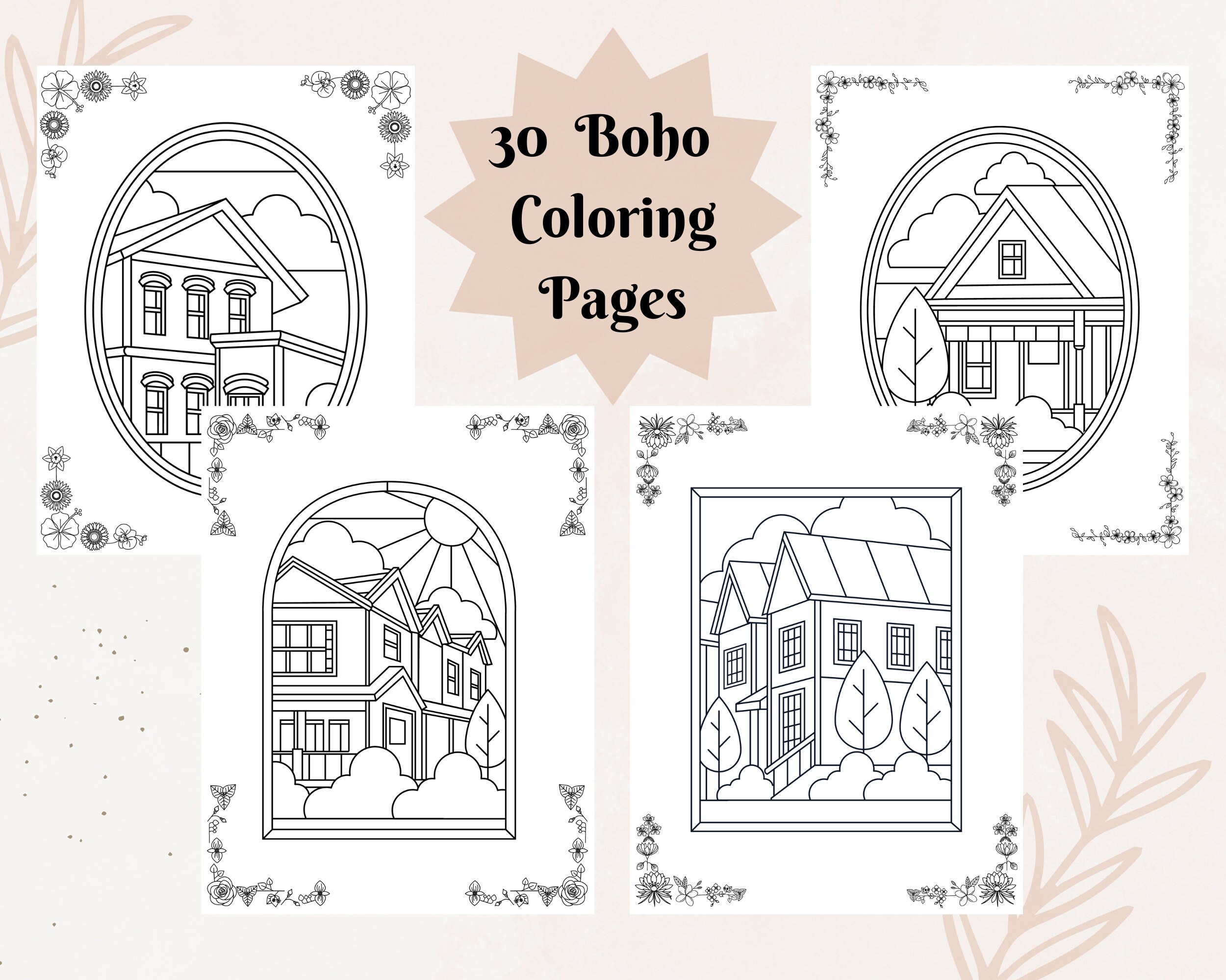 30 Boho Coloring Pages, Houses Coloring Pages, Instant Download, for ...
