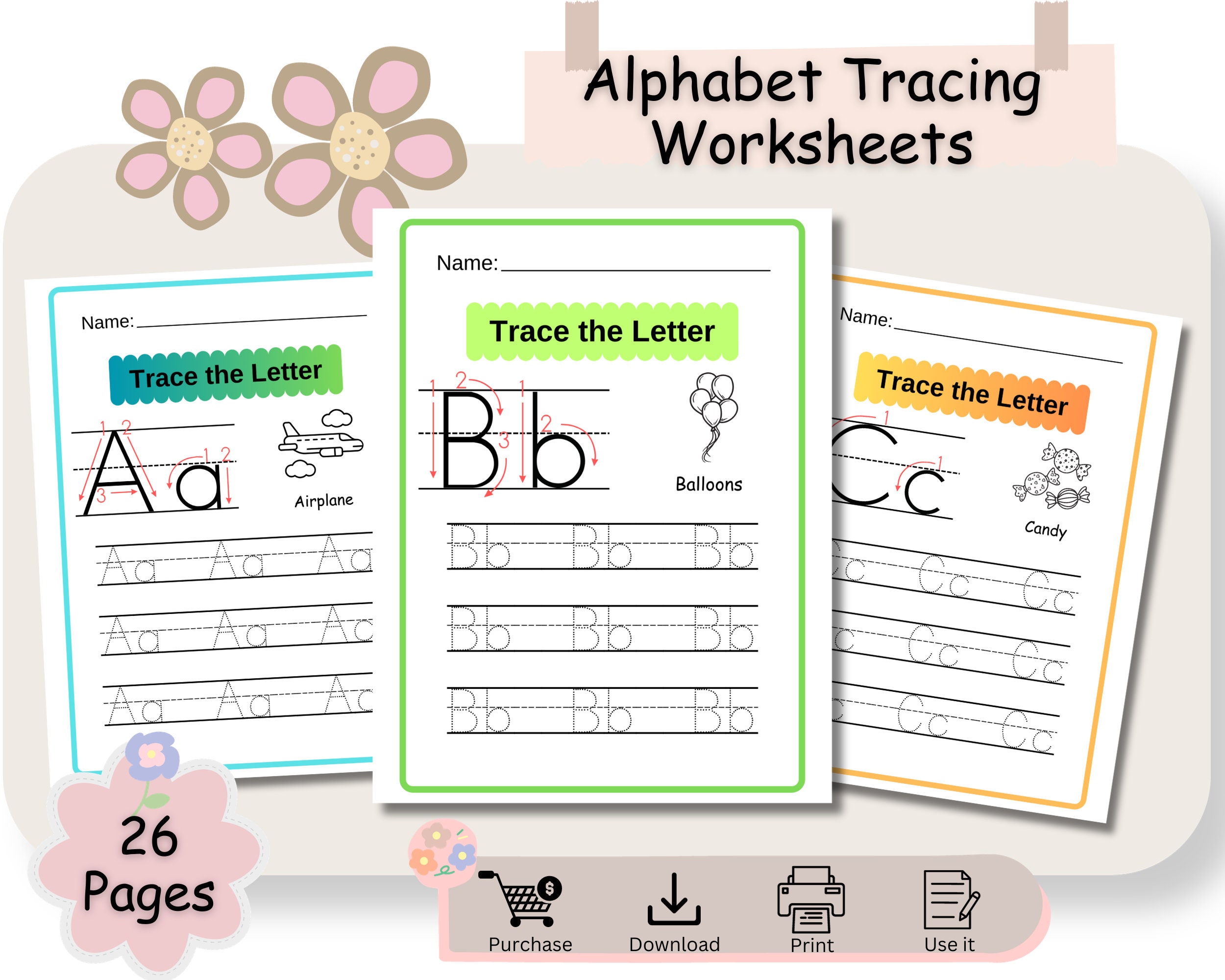 Alphabet Tracing Worksheets A-Z, Preschool, Pre-k and Kindergarten ...