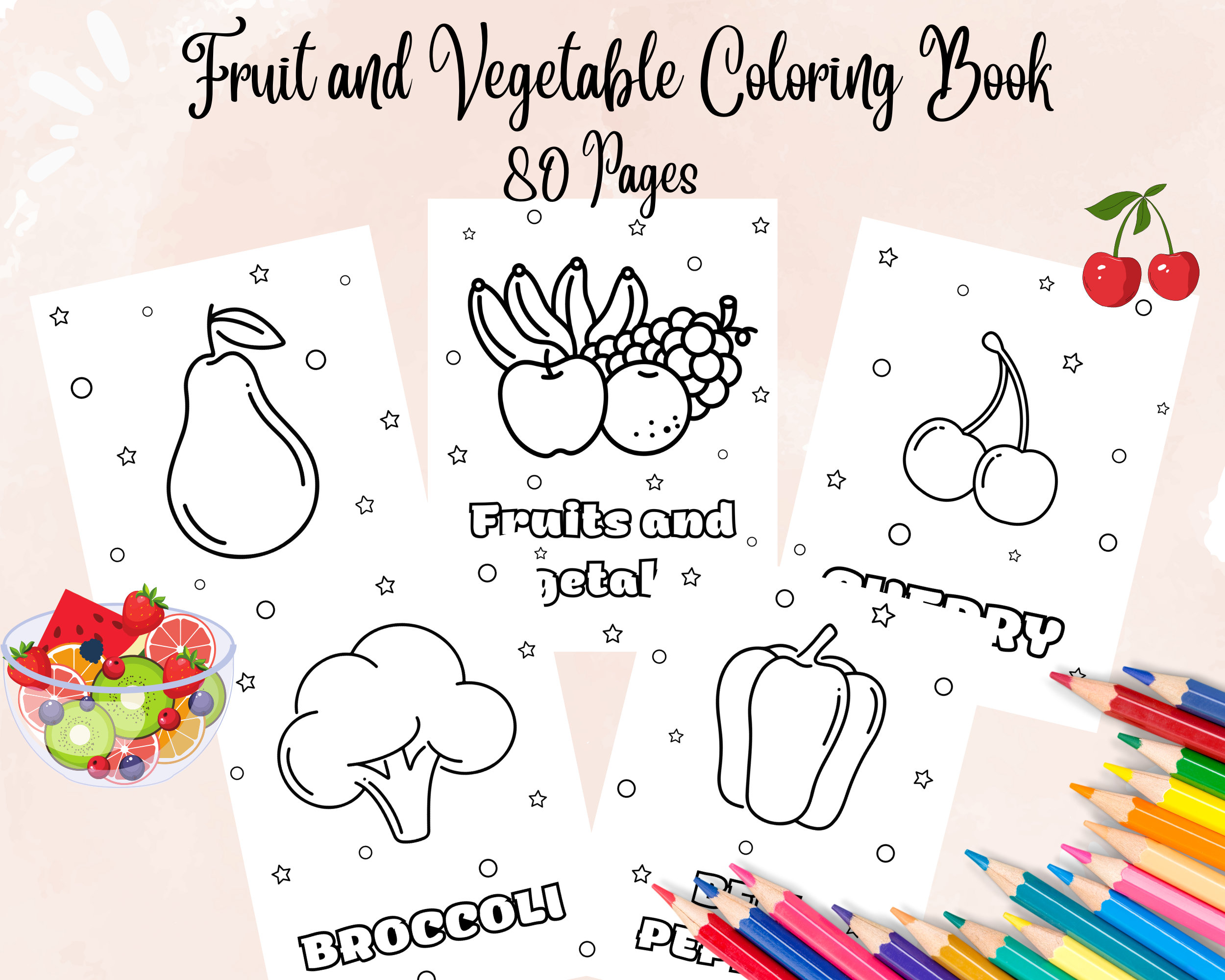 Fruits and Vegetables Coloring Book, 80 Coloring Sheets, Kids Activity ...