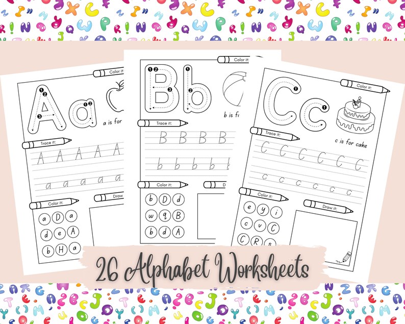 Preschool and Kindergarten Alphabet Worksheets, Trace and Color 26 ...