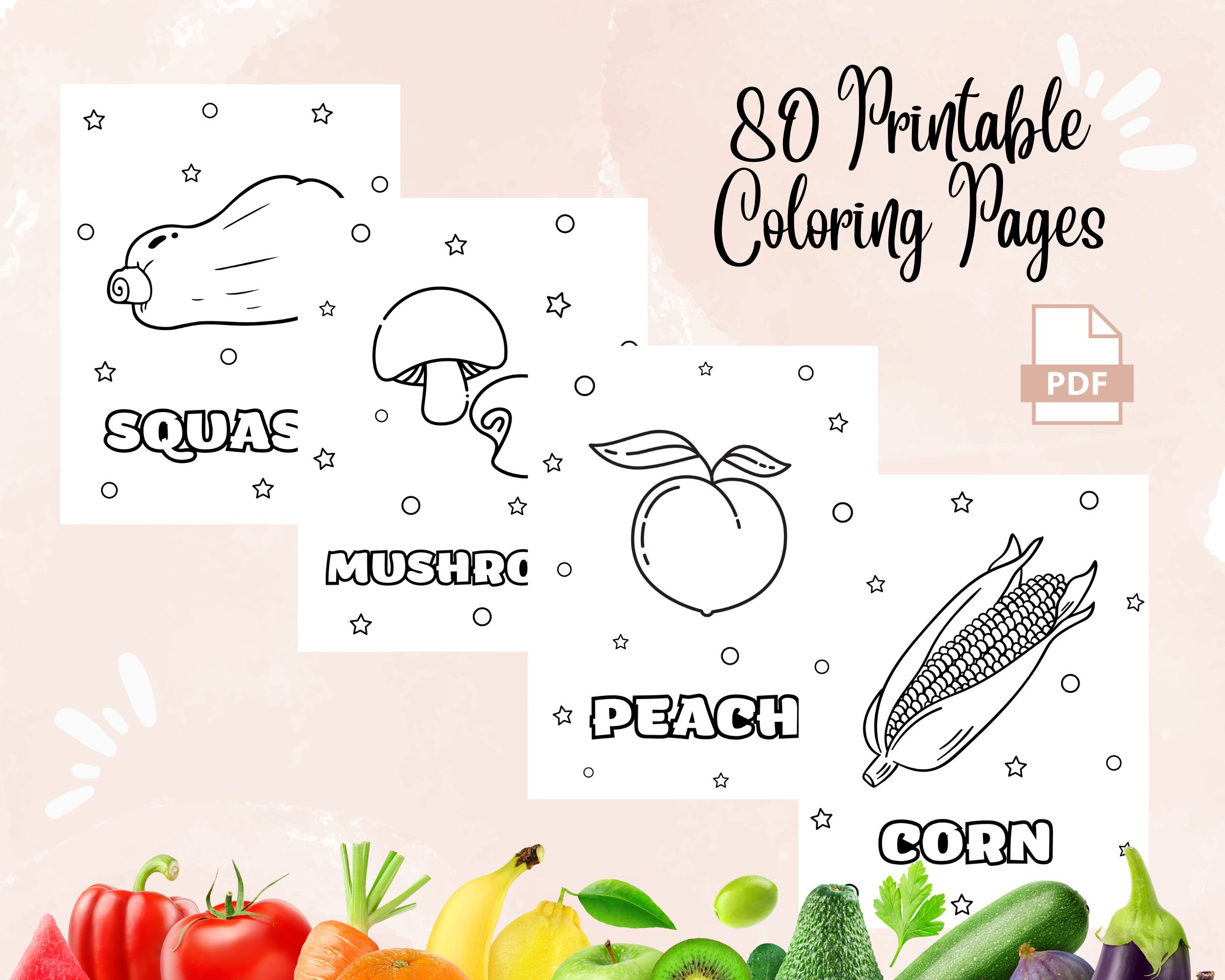 Fruits and Vegetables Coloring Book, 80 Coloring Sheets, Kids Activity ...