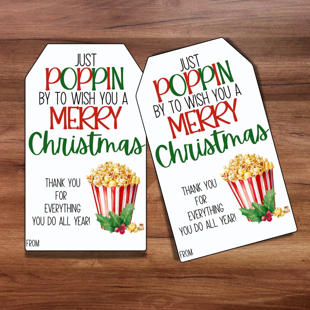 Printable Popcorn Merry Christmas Gift Tag, Just Popping by to Wish You ...