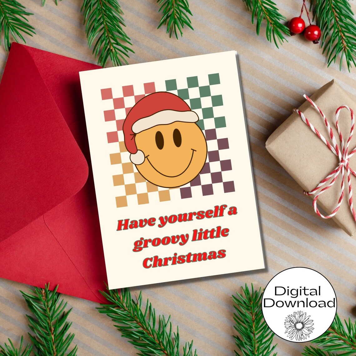 Printable Christmas Card Retro Card Smiley Face Christmas - Etsy