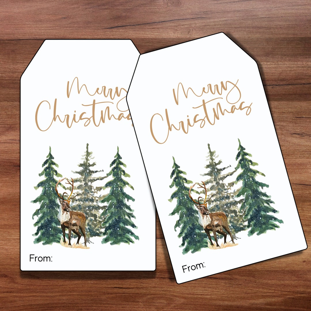 Pine Trees Tags, Whispering Pines, Deer Holiday Tag, Merry Christmas ...