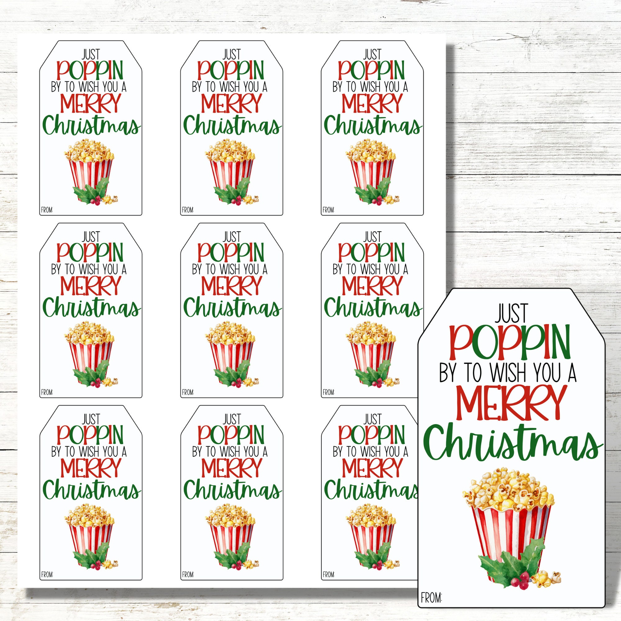 Printable Popcorn Merry Christmas Gift Tag, Just Popping by to Wish You ...