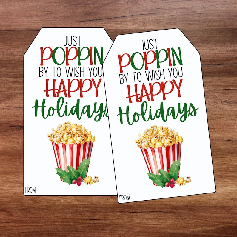 Printable Popcorn Holiday Gift Tag, Just Popping by to Wish You A Happy ...