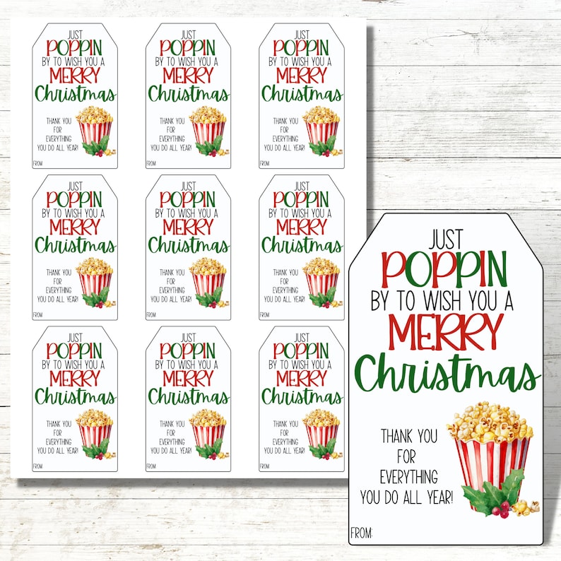 Printable Popcorn Merry Christmas Gift Tag, Just Popping by to Wish You ...