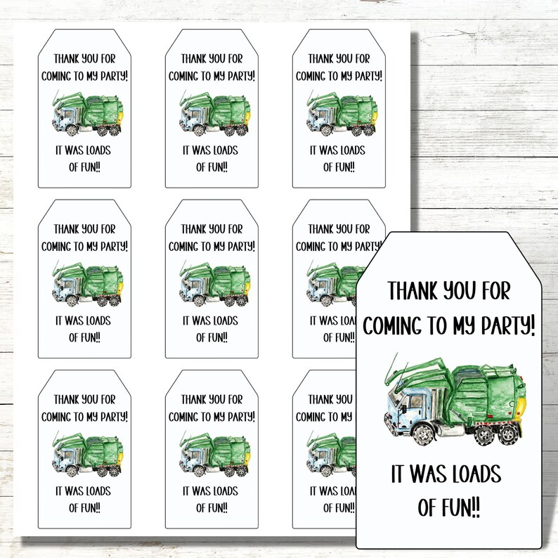 Garbage Truck Thank You Tags, Trash Truck Birthday, Garbage Truck ...