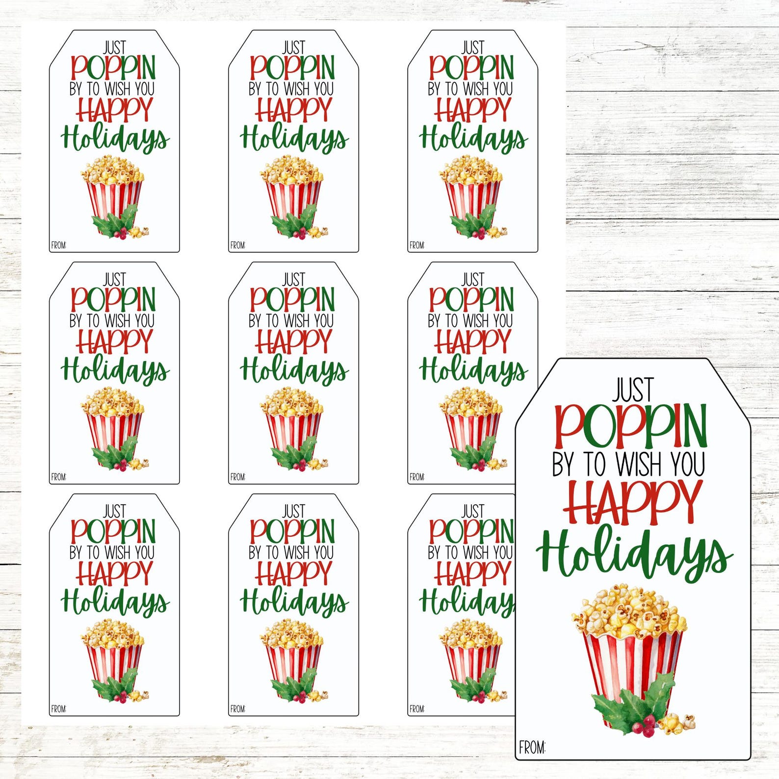 Printable Popcorn Holiday Gift Tag, Just Popping by to Wish You A Happy ...